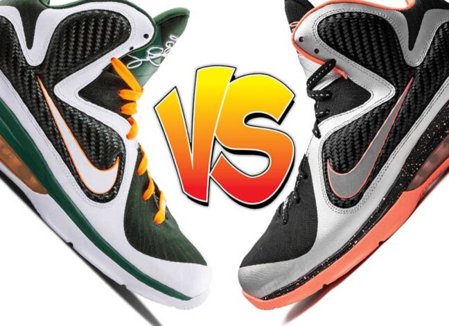 Nike LeBron 9 Miami Hurricanes vs Bright Mango Comparison
