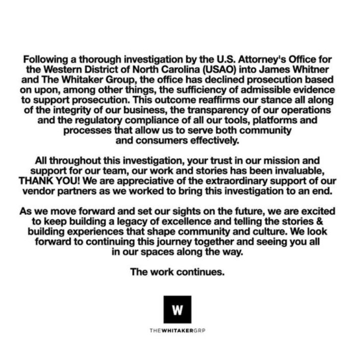 James Whitner and The Whitaker Group Cleared of Allegations