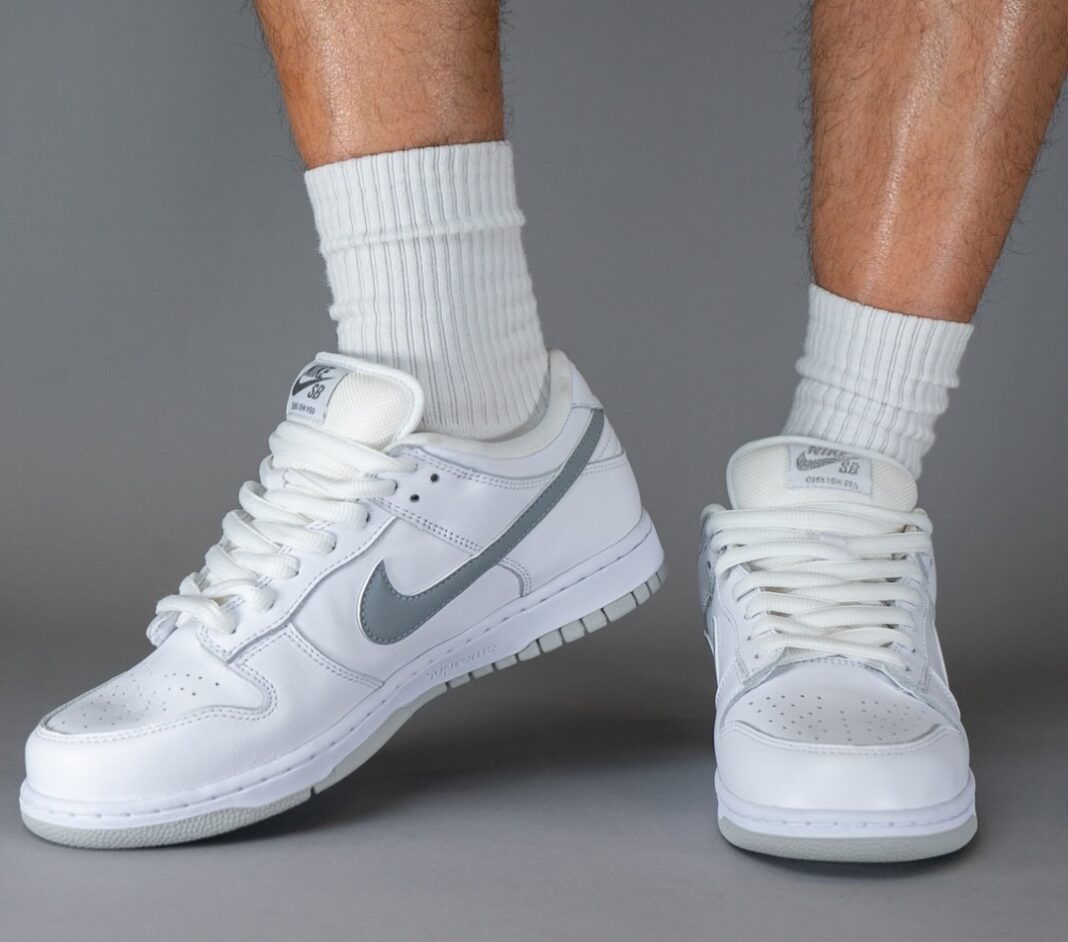Supreme x Nike SB Dunk Low White Metallic Silver HQ8487-100